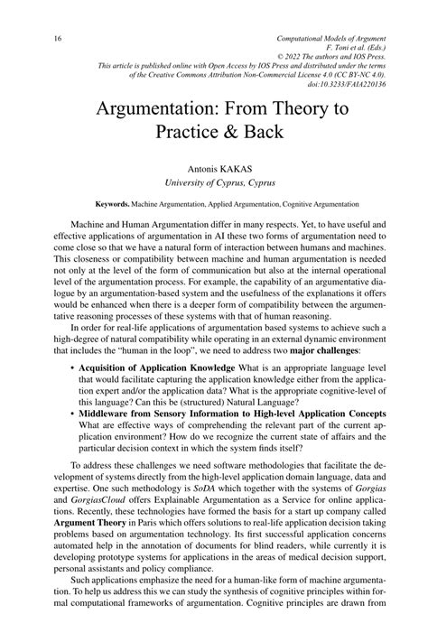 Pdf Argumentation From Theory To Practice And Back