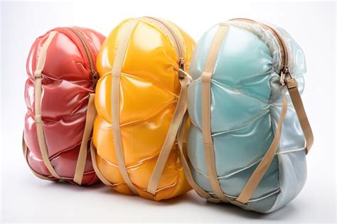 A Trio Of Vibrant Inflatable Backpacks In Red Yellow And Blue On