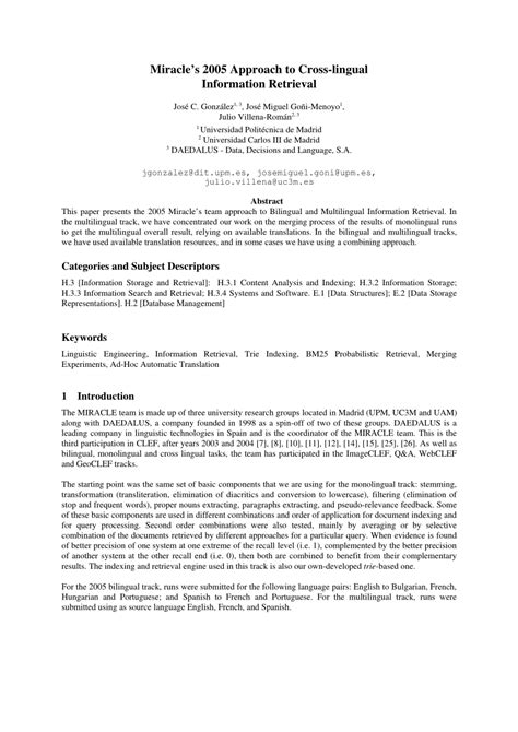 Pdf Miracles 2005 Approach To Cross Lingual Information Retrieval