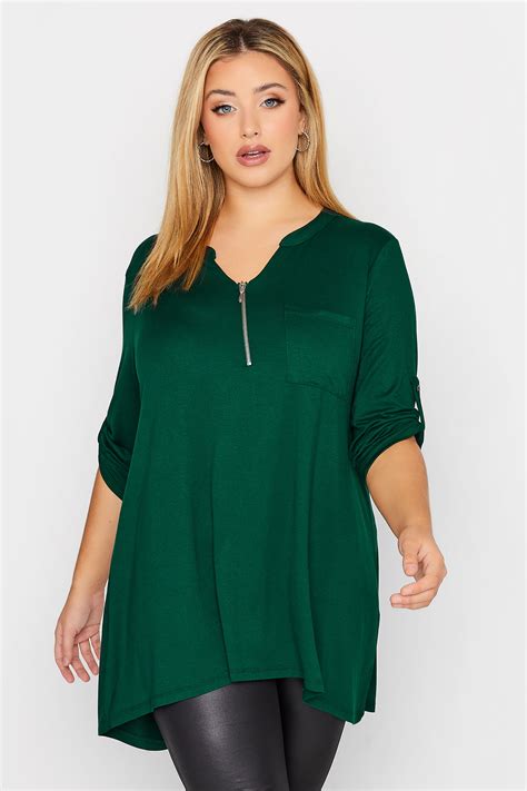 Plus Size Forest Green Zip Front Top Yours Clothing