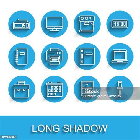 라인 서류 가방 캘린더 키보드 문서가 있는 서랍 푸시 핀 프린터 노트북 및 사무실 폴더 아이콘을 설정합니다 벡터 0명에 대한 스톡 벡터 아트 및 기타 이미지 Istock