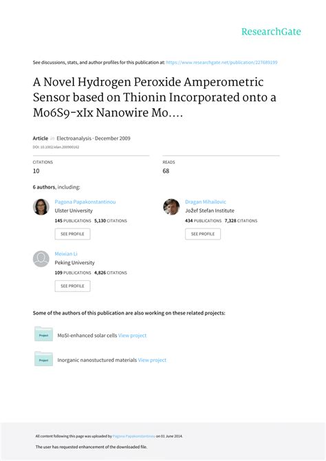 Pdf A Novel Hydrogen Peroxide Amperometric Sensor Based On Thionin Incorporated Onto A Mo6s9