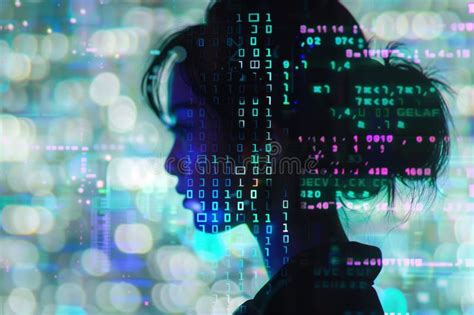 Double Exposure Of Woman Silhouette With Digital Binary Code Stock Illustration Illustration