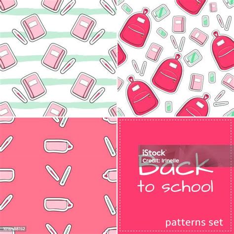 다시 학교에 패턴 설정 벡터 원활 하 게 합니다 낙서 여자 배경의 컬렉션입니다 창의적인 교육 디자인 디지털 종이 또는 웹 배너 서식 파일에 대 한 인쇄 가방에 대한 스톡