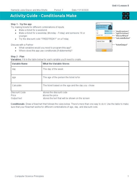 U4l08 Activity Guide Conditionals Make Unit 4 Lesson 8 Pdf Workweek And Weekend