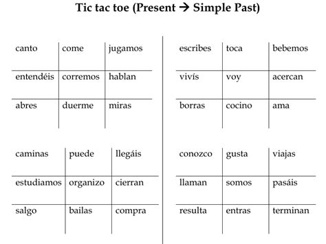 Tic Tac Toe Spanish Past Tense El Pretérito Indefinido Teaching