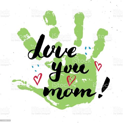 당신을 사랑 엄마 서 예 필기 레터링 기호 아기 손 페인트 스탬프와 어머니의 날 손으로 그린 인사말 카드 벡터 일러스트 0명에 대한 스톡 벡터 아트 및 기타 이미지 Istock