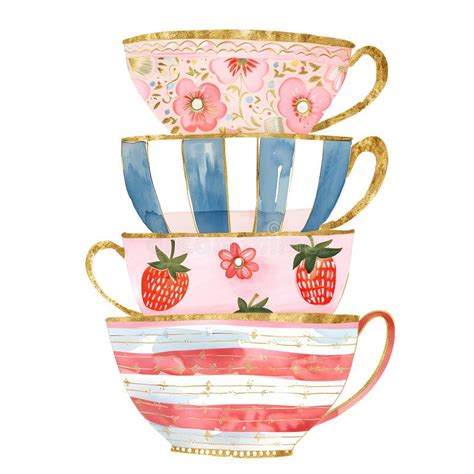 Vintage Porcelain Tea Cups Stacked Beautiful Retro Illustration In Simple Hand Drawn Watercolor
