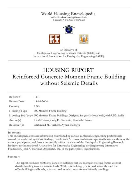 Housing Report Reinforced Concrete Moment Frame Building