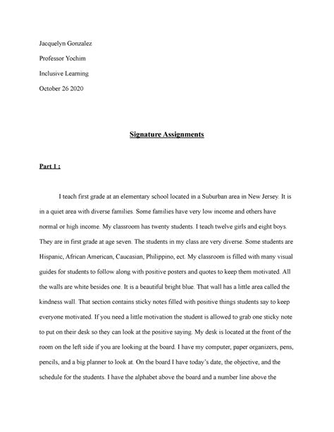 Signature Assignments Jacquelyn Gonzalez Professor Yochim Inclusive
