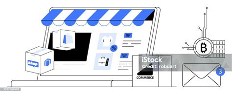 디지털 상거래 암호화폐 및 이메일 알림을 통한 온라인 쇼핑 개념 Virtual Store에 대한 스톡 벡터 아트 및 기타 이미지 Virtual Store 개념 개념과