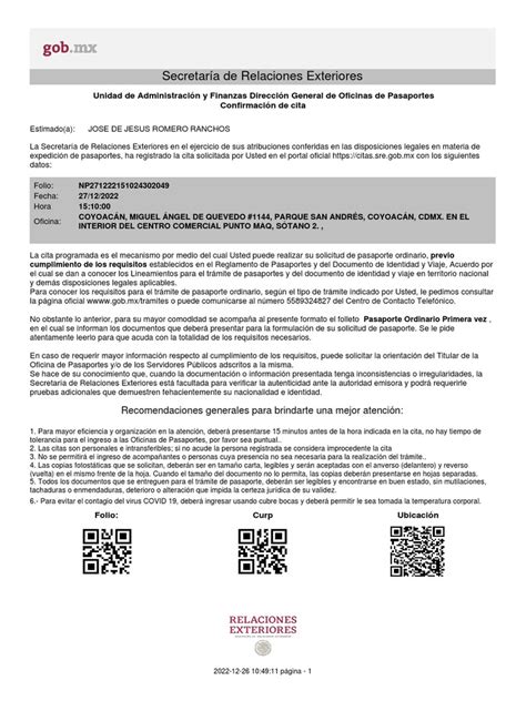 Confirmación De Cita Para Trámite De Pasaporte Ordinario Con