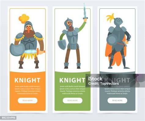 칼과 손에 방패로 무장 한 중세 기사와 3 개의 화려한 배너의 설정 평면 고귀한 남자 캐릭터 남자에 대한 스톡 벡터 아트 및 기타 이미지 Istock