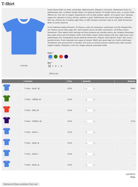 commerce product variation table