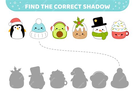 Рождественские персонажи Squishmallow Найдите правильную тень Игра сопоставления теней Вектор