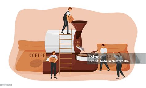 로스팅 커피 콩 플랫 컨셉 벡터 일러스트 웹 디자인에 대한 바리스타 2d 만화 캐릭터 기계 준비 아라비카와 로부스타를 만드는