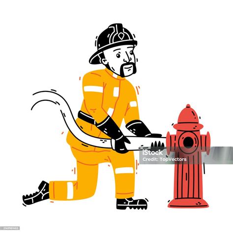 남자 소방관 성격 에서 헬멧 와 제복 결합하다 호스 와 물 소화전 벡터 삽화 개성 개념에 대한 스톡 벡터 아트 및 기타 이미지