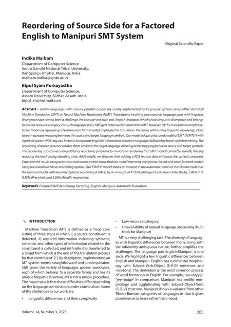 Pdf Reordering Of Source Side For A Factored English To Manipuri Smt System