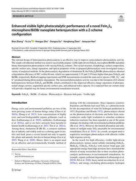 Enhanced Visible Light Photocatalytic Performance Of A Novel Fein2s4 Microsphere Biobr Nanoplate