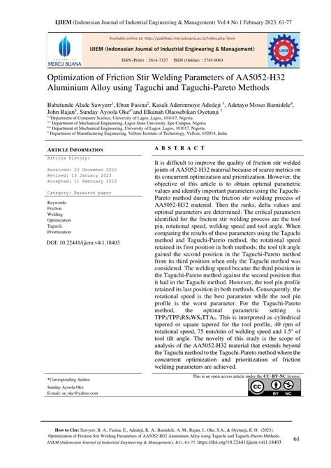 Pdf Optimization Of Friction Stir Welding Parameters Of Aa5052 H32