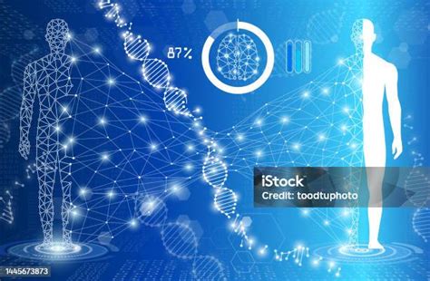 파란 빛 두뇌 및 인체 치유에 있는 추상적인 배경 기술 개념 시험 분석 클론 Dna 인간을 가진 미래 및 세계적인 국제 의학에 있는 기술 현대 의학 인공지능에 대한 스톡