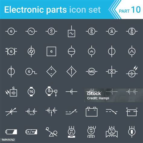 전기 및 전자 아이콘 전기 다이어그램 기호입니다 발전기 배터리 Dc 전원 공급 장치 및 3 상 발전기 0명에 대한 스톡 벡터
