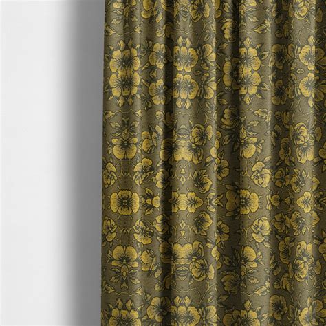 Fabriano Floral Pattern Chenille Type Yellow Black Upholstery Fabric