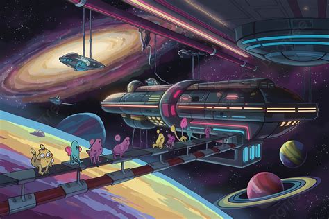 외계인과 떠다니는 우주선이 등장하는 생동감 넘치는 Sf 우주 장면 만화 우주 정거장 미래 공상 과학 예술 활기찬 은하 그림 배경 일러스트 및 사진 무료 다운로드