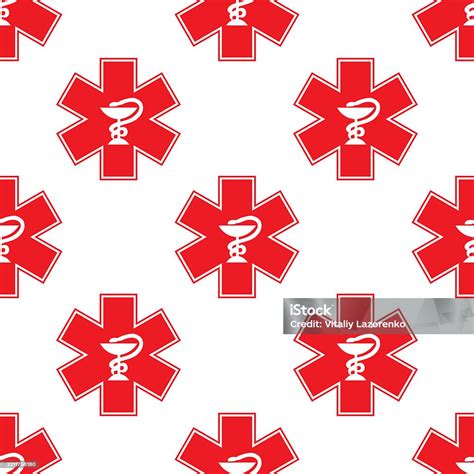 아스클레피오스의 막대를 특징으로 하는 빨간색 의료 기호가 있는 완벽 한 벡터 패턴입니다 의료 제약 및 응급 관련 프로젝트에 적합한 깨끗하고 최소한의 설계 개념에 대한 스톡