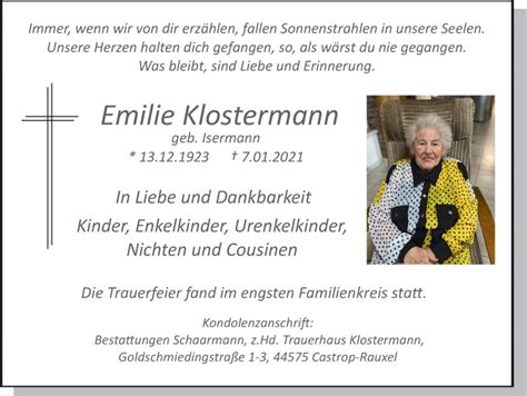Traueranzeigen Von Emilie Klostermann Trauer In Nrw De