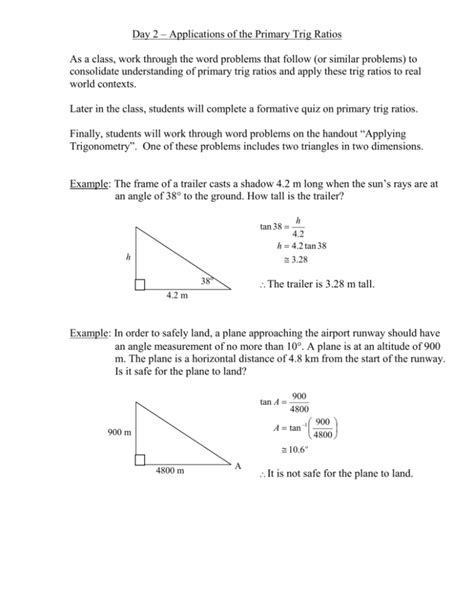 Day 2 Applications Of Primary Trig Ratios