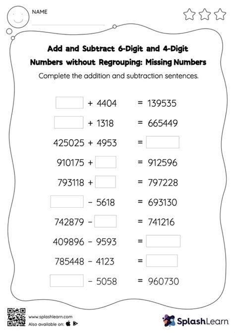 Add And Subtract 6 Digit And 4 Digit Numbers Without Regrouping Missing Numbers Worksheet