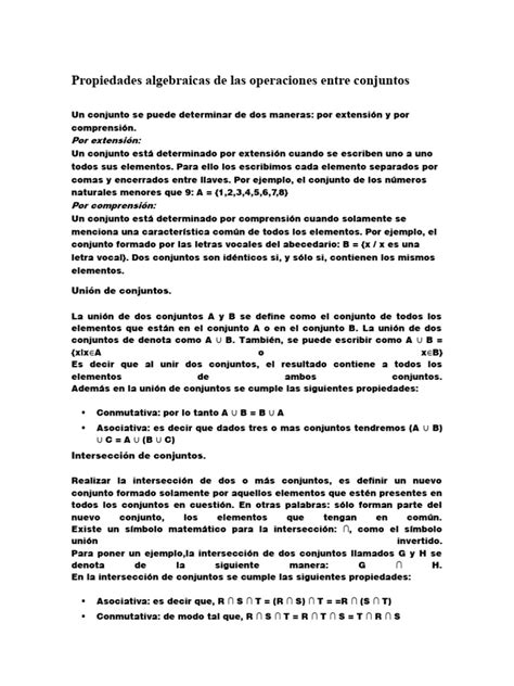 Propiedades Algebraicas De Las Operaciones Entre Conjuntos Pdf