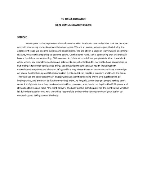 NO TO SEX Education NO TO SEX EDUCATION ORAL COMMUNICATION DEBATE SPEECH 1 We Oppose To The