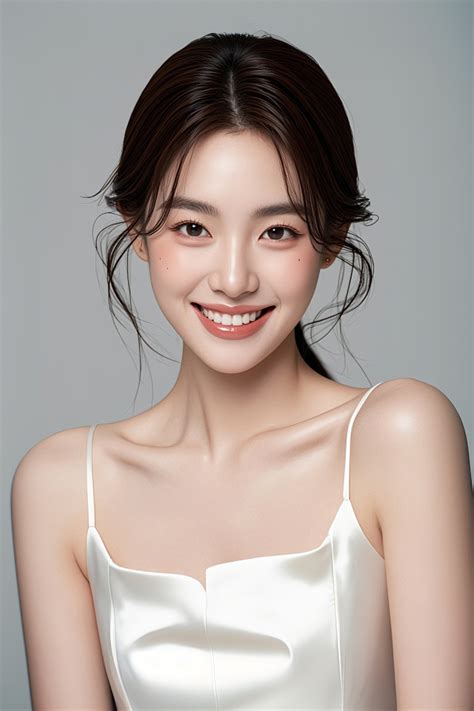 人像摄影，正面，穿着白色礼服，唯美，柔和，极致，年轻，俏皮，活力，笑不露齿，窈窕，幽默，阳光，积极，乐观，温暖，年轻女性，室内单色背景，质感很