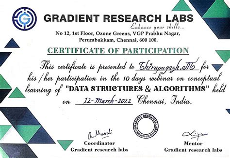 🎓 Certificate Of Participation Data Structures And Algorithms Thirupugazh M