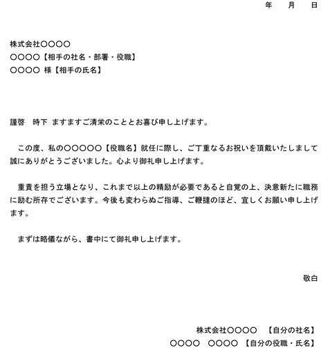 お礼状（役員就任祝いへの御礼）の書式テンプレート（word・ワード） テンプレート・フリーbiz