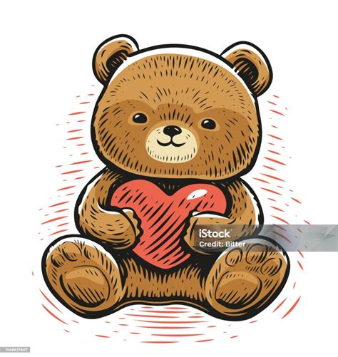 빨간 심장을 가진 행복한 테디 베어 재미 있고 귀여운 장난감입니다 발렌타인 데이 사랑의 상징 만화 벡터 일러스트 레이 션 0명에 대한 스톡 벡터 아트 및 기타 이미지