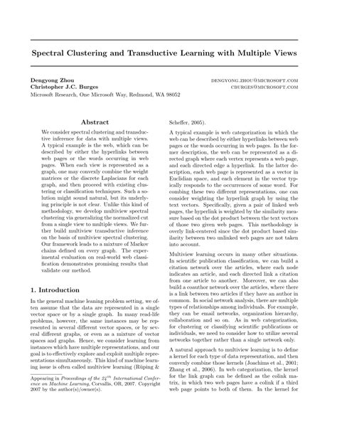 Pdf Spectral Clustering And Transductive Learning With Multiple Views