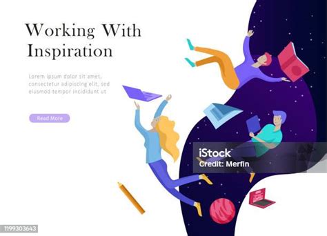 방문 페이지 템플릿 영감 사람들이 비행 나만의 스파를 만드세요 꿈 상상력 자유의 영감 디자인 작업에서 움직이는 캐릭터 Html에 대한 스톡 벡터 아트 및 기타 이미지