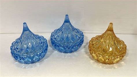 3 Hersheys Kisses Candy Bowls With Lids Include 2 Blue 1 Amber