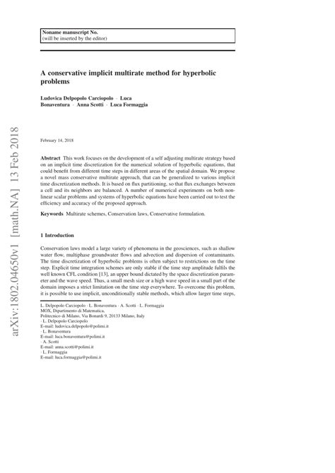 Pdf A Conservative Implicit Multirate Method For Hyperbolic Problems