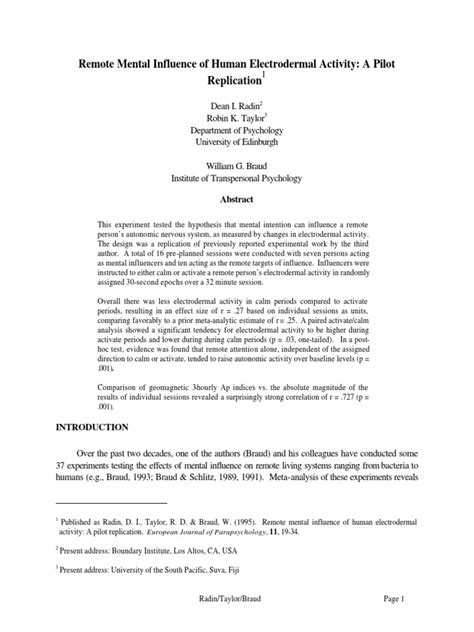 Ebook Remote Mental Influence Of Human Electrodermal Activity Pdf Experiment Parapsychology