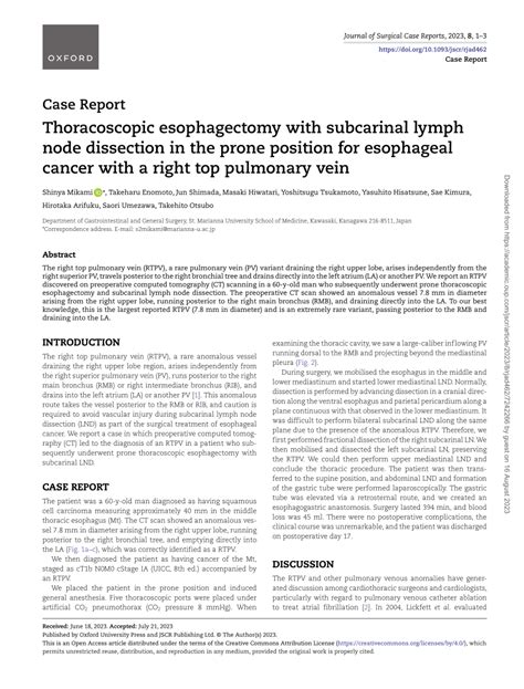 Pdf Thoracoscopic Esophagectomy With Subcarinal Lymph Node Dissection In The Prone Position