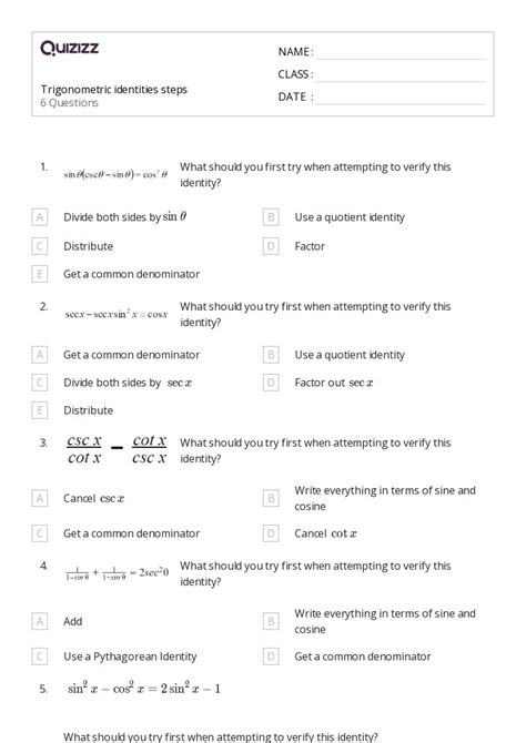 Trigonometric Identities Worksheets For Th Grade On Quizizz Free Printable