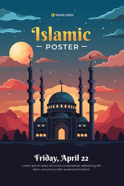 Premium Vector Islamic Poster With Mosque And Sky At Sunset For Flyer