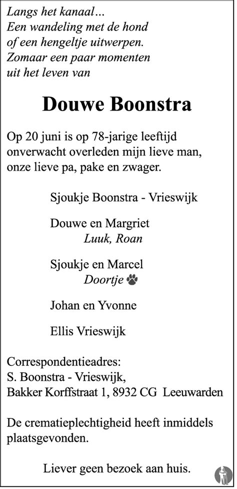Douwe Boonstra 20 06 2010 Overlijdensbericht En Condoleances Mensenlinq Nl