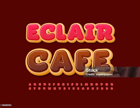 벡터 맛있는 로고 에클레어 카페 핑크 아이싱 알파벳 문자 및 숫자 세트 그래픽 프린트에 대한 스톡 벡터 아트 및 기타 이미지