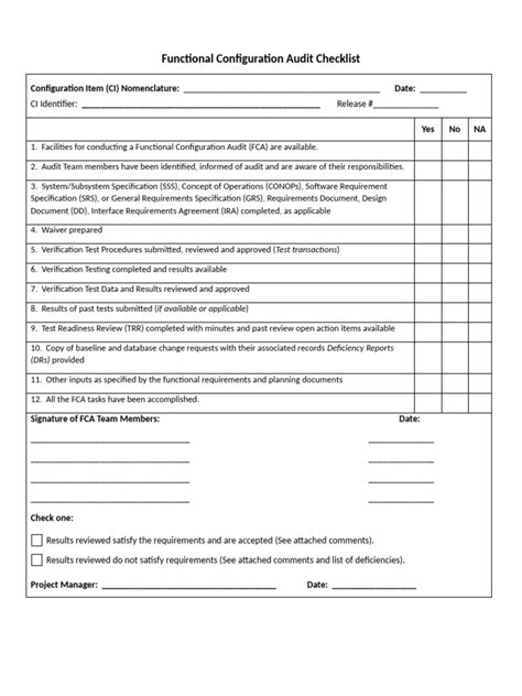 Functional Configuration Audit Checklist Pdf
