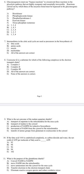 Solved 6 Gluconeogenesis Must Use Bypass Reactions To